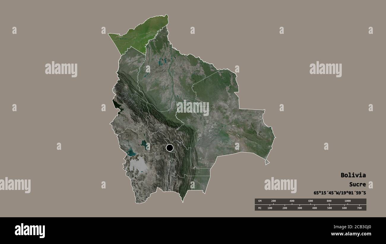 Desaturated shape of Bolivia with its capital, main regional division ...