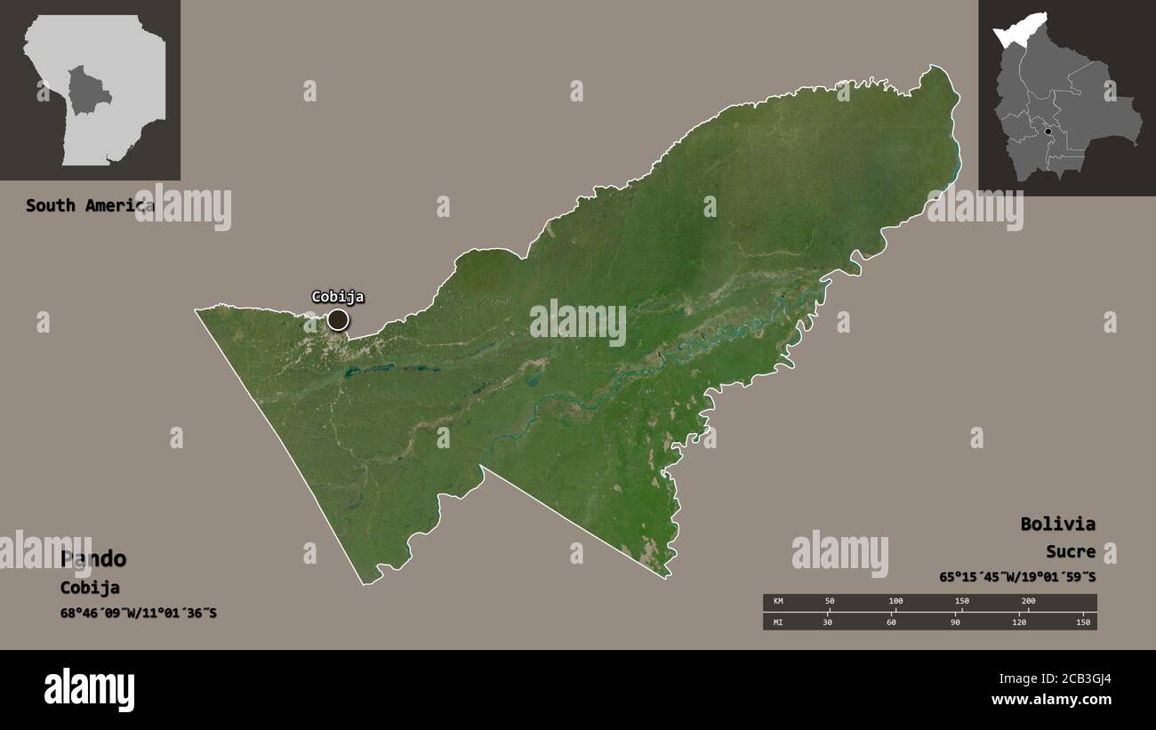 Shape of Pando, department of Bolivia, and its capital. Distance scale ...