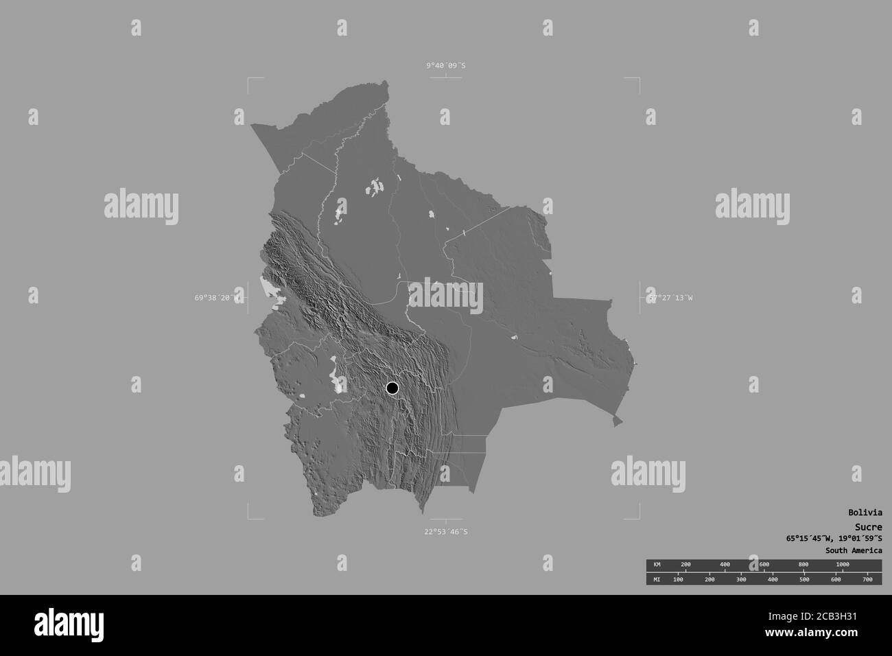 Area of Bolivia isolated on a solid background in a georeferenced ...