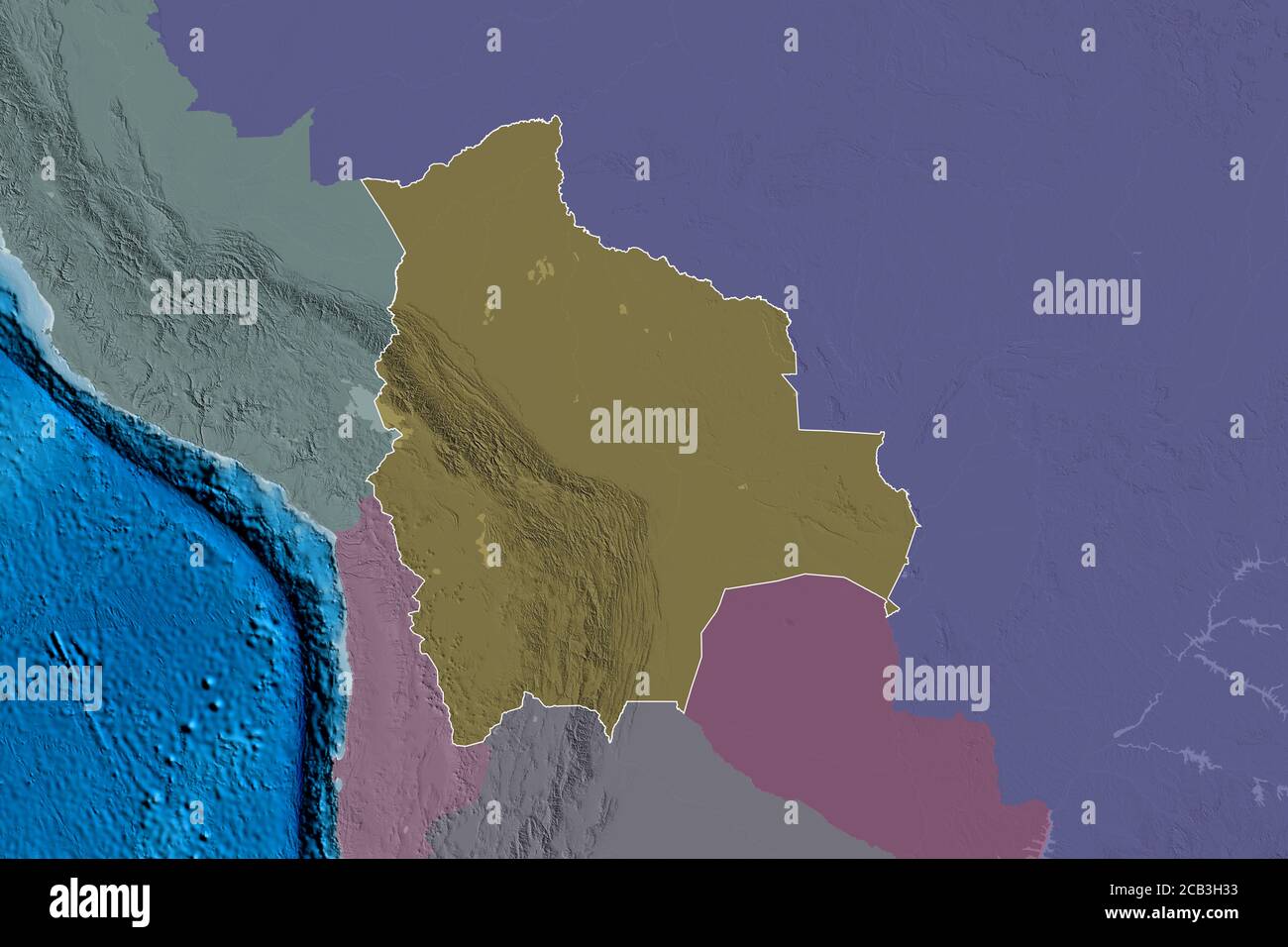Extended area of outlined Bolivia. Colored elevation map. 3D rendering ...