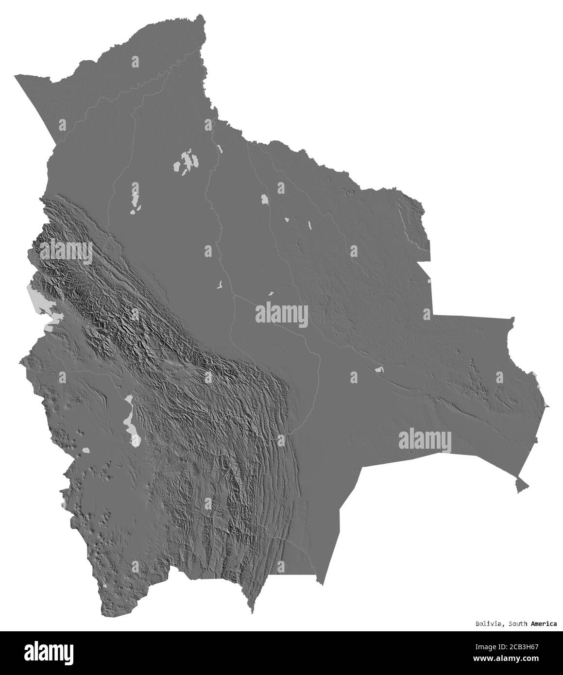 Shape of Bolivia with its capital isolated on white background. Bilevel ...