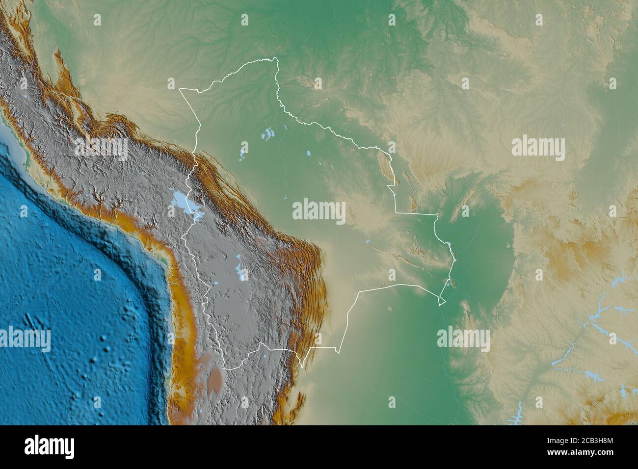Extended area of outlined Bolivia. Topographic relief map. 3D rendering ...