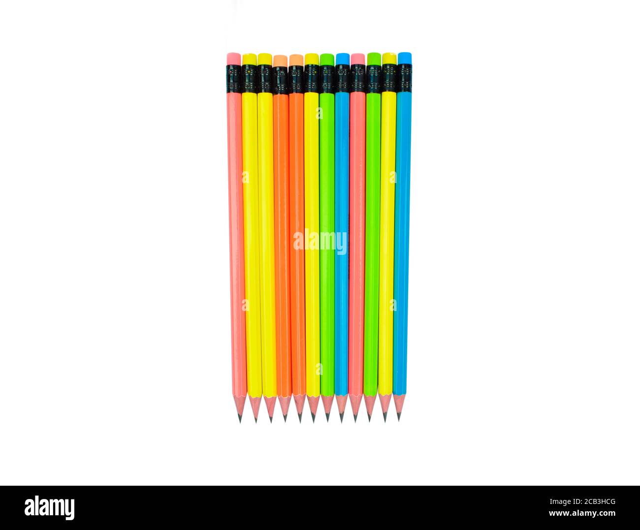 Single row of different colored normal wood pencil on a white color ...