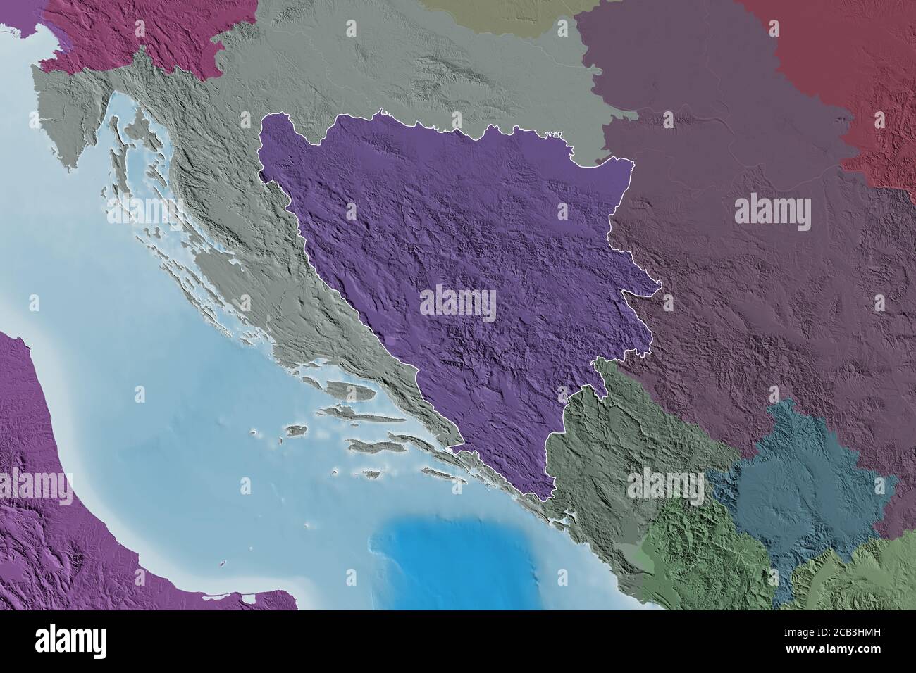 Extended area of outlined Bosnia and Herzegovina. Colored elevation map ...