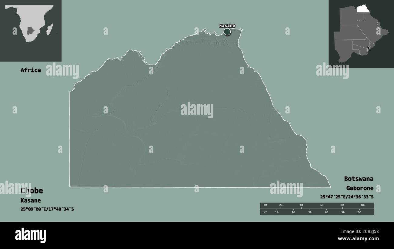Shape of Chobe, district of Botswana, and its capital. Distance scale ...