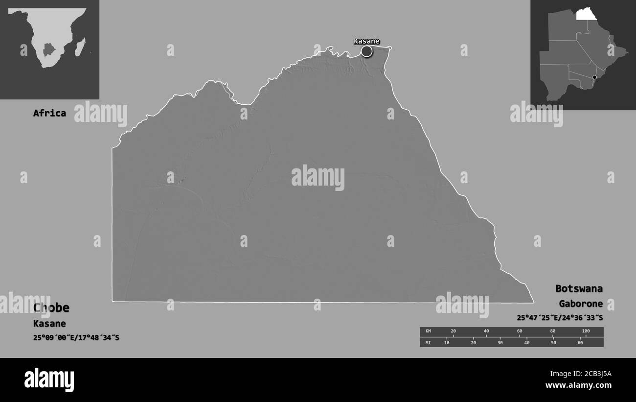 Shape of Chobe, district of Botswana, and its capital. Distance scale ...
