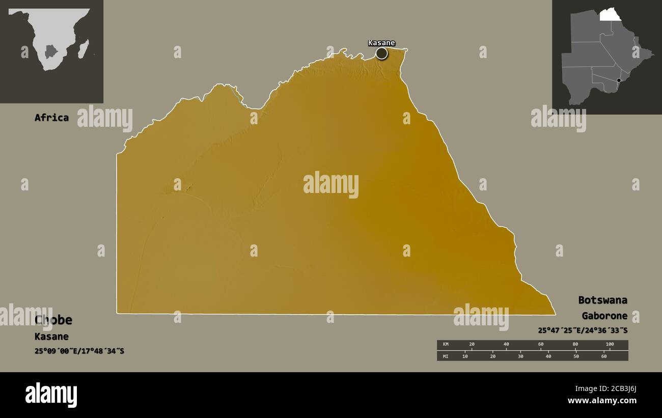 Shape of Chobe, district of Botswana, and its capital. Distance scale ...