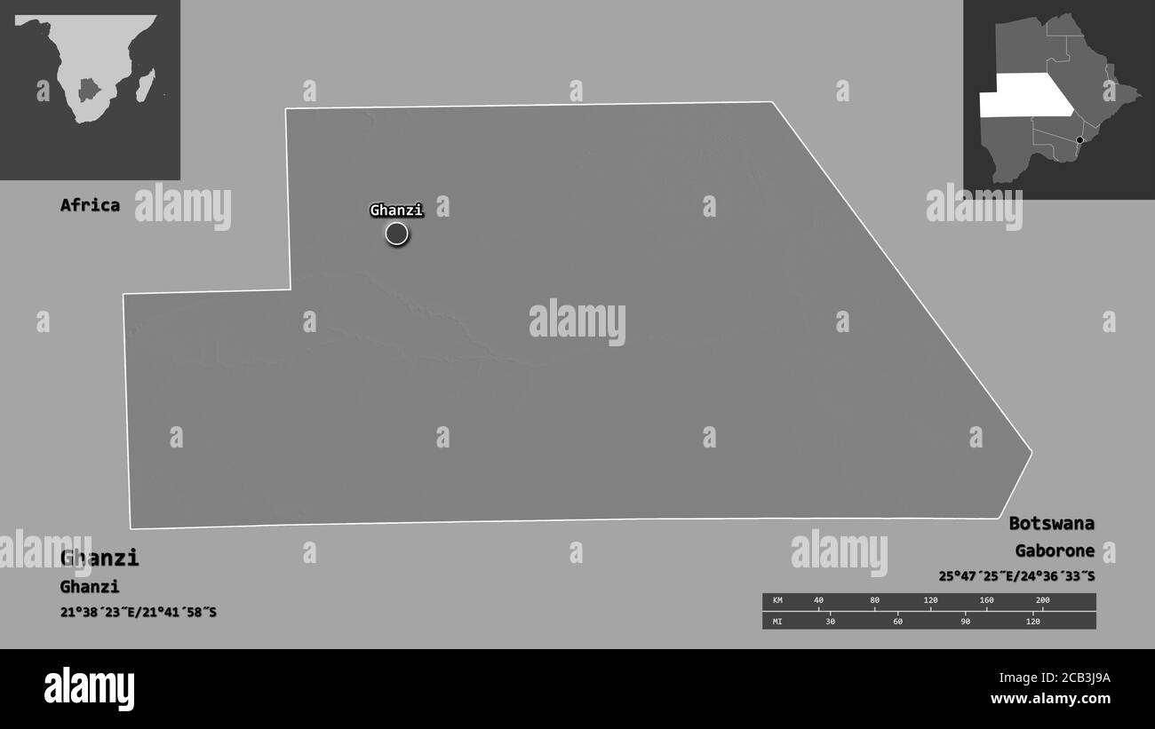 Shape of Ghanzi, district of Botswana, and its capital. Distance scale ...