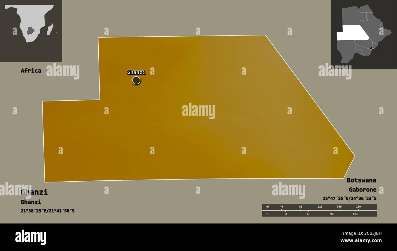 Shape of Ghanzi, district of Botswana, and its capital. Distance scale ...