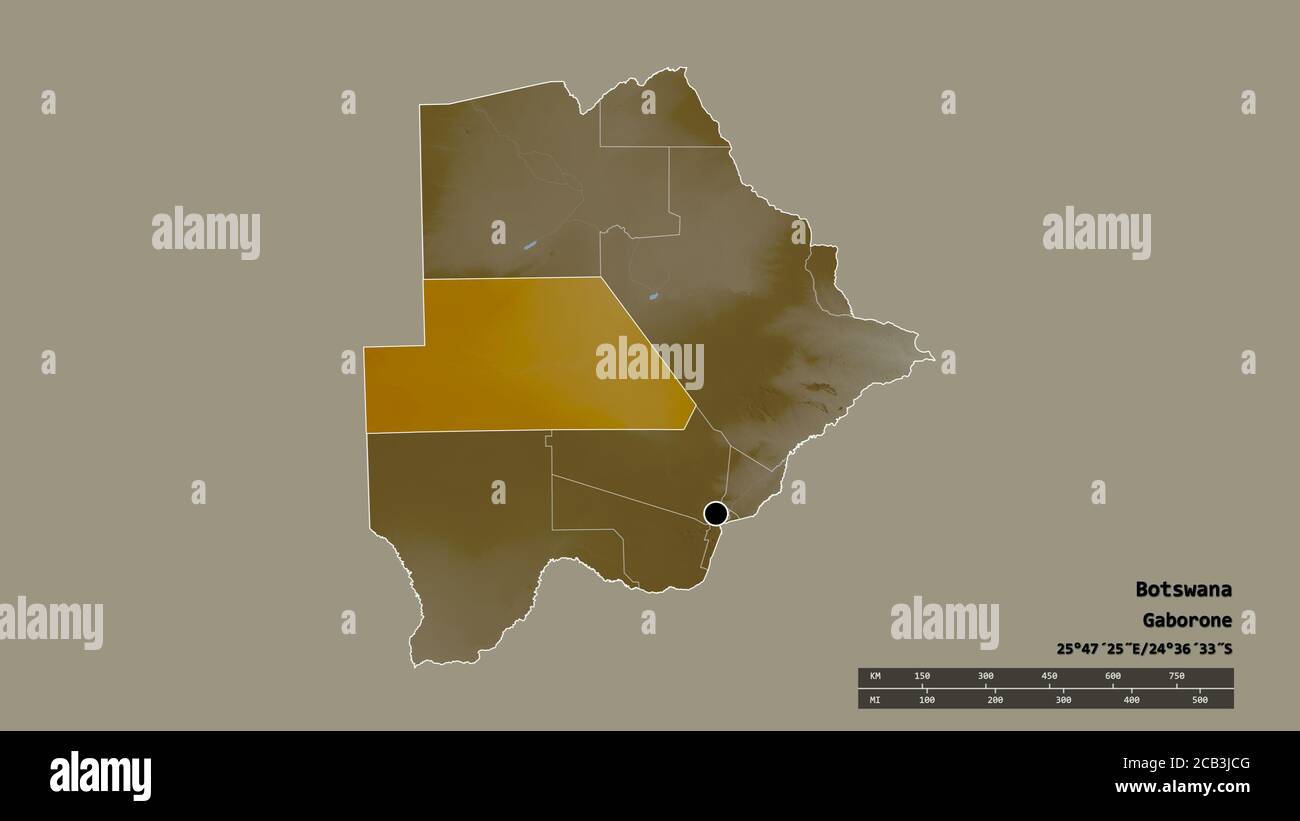 Desaturated shape of Botswana with its capital, main regional division ...