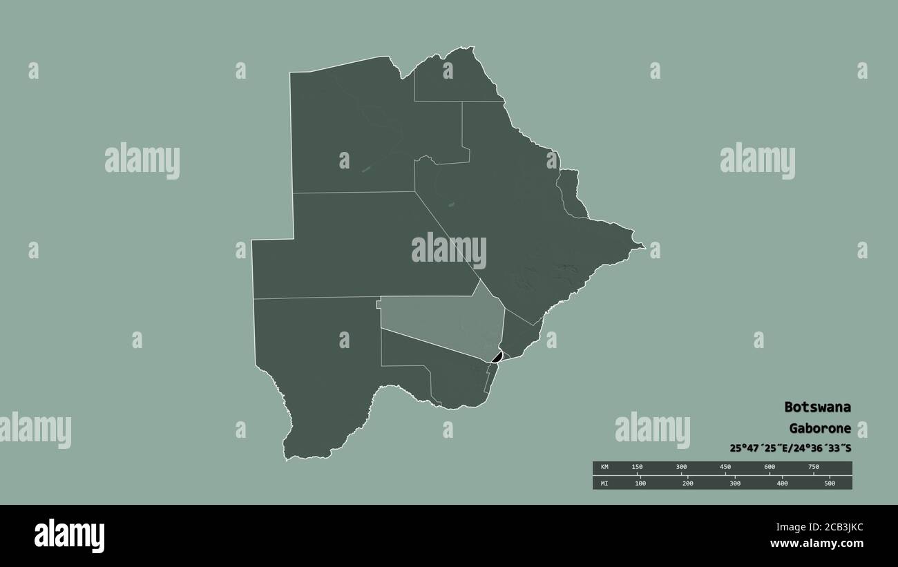 Desaturated shape of Botswana with its capital, main regional division ...