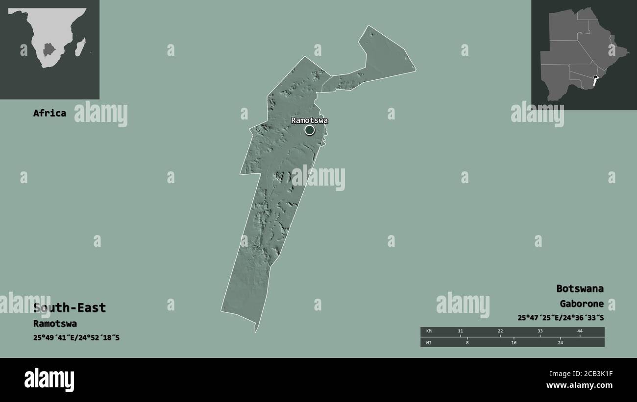 Shape of South-East, district of Botswana, and its capital. Distance ...
