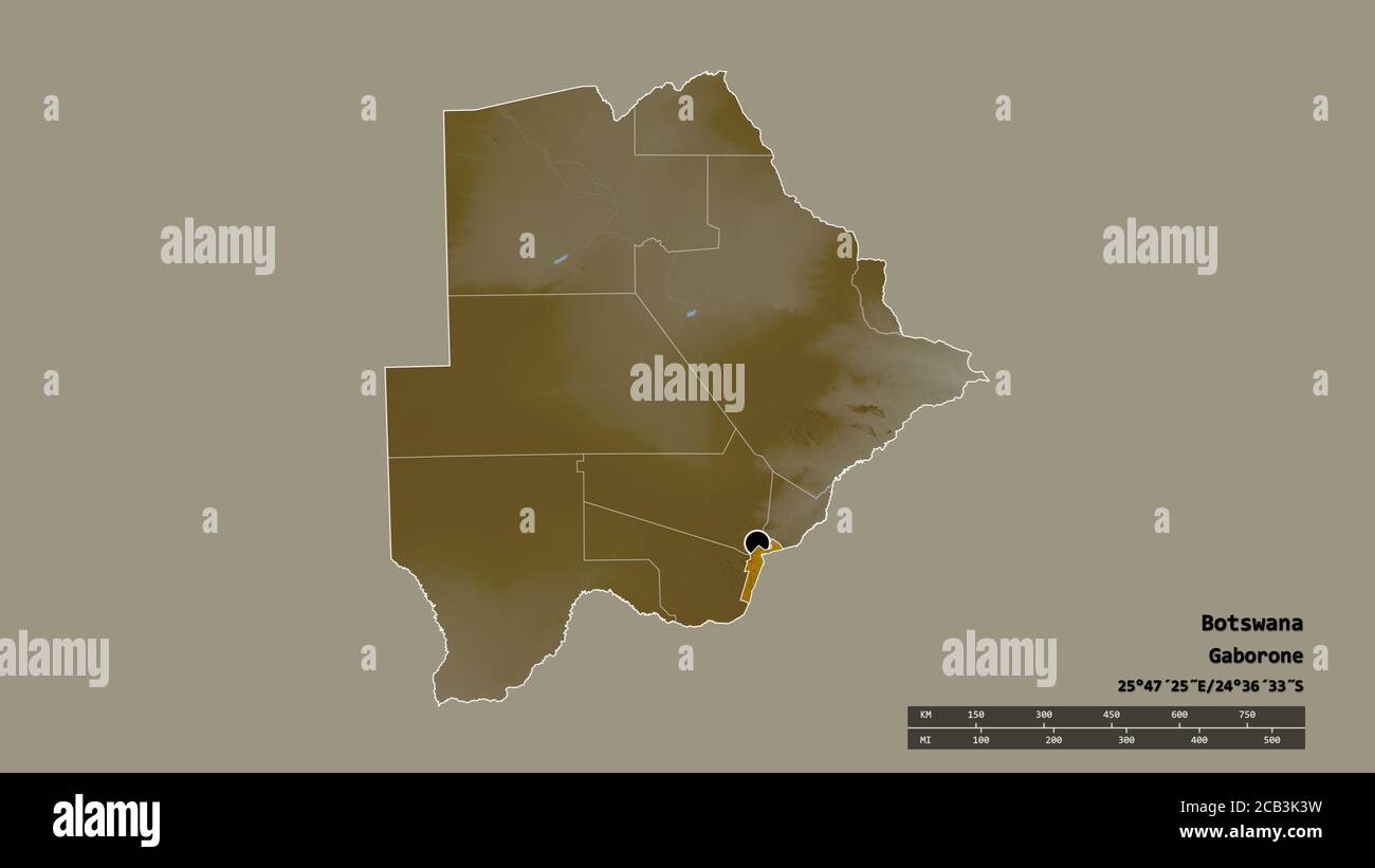 Desaturated shape of Botswana with its capital, main regional division ...