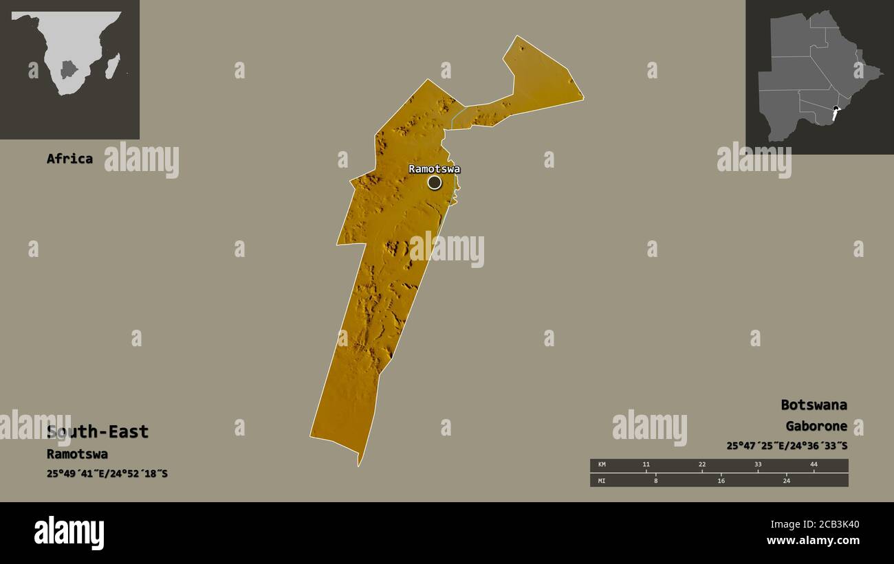 Shape of South-East, district of Botswana, and its capital. Distance ...