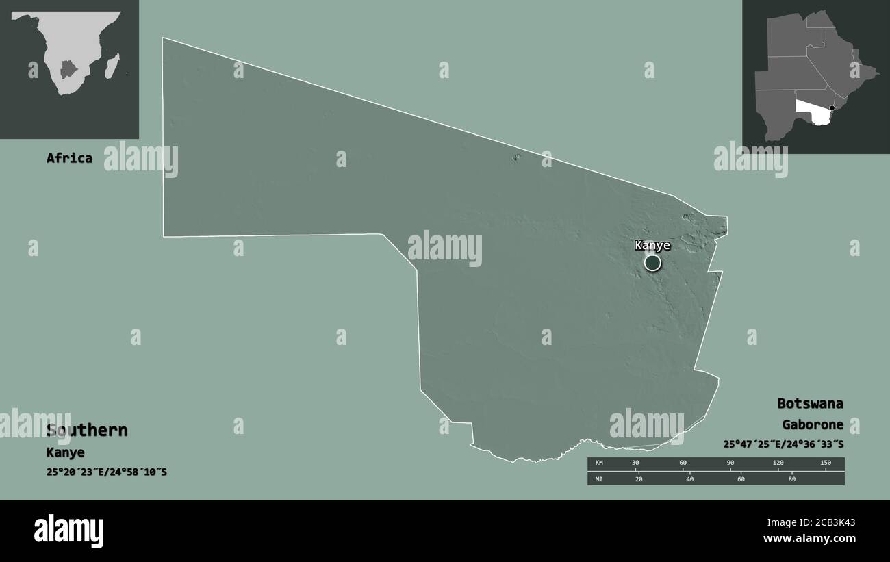 Shape of Southern, district of Botswana, and its capital. Distance ...