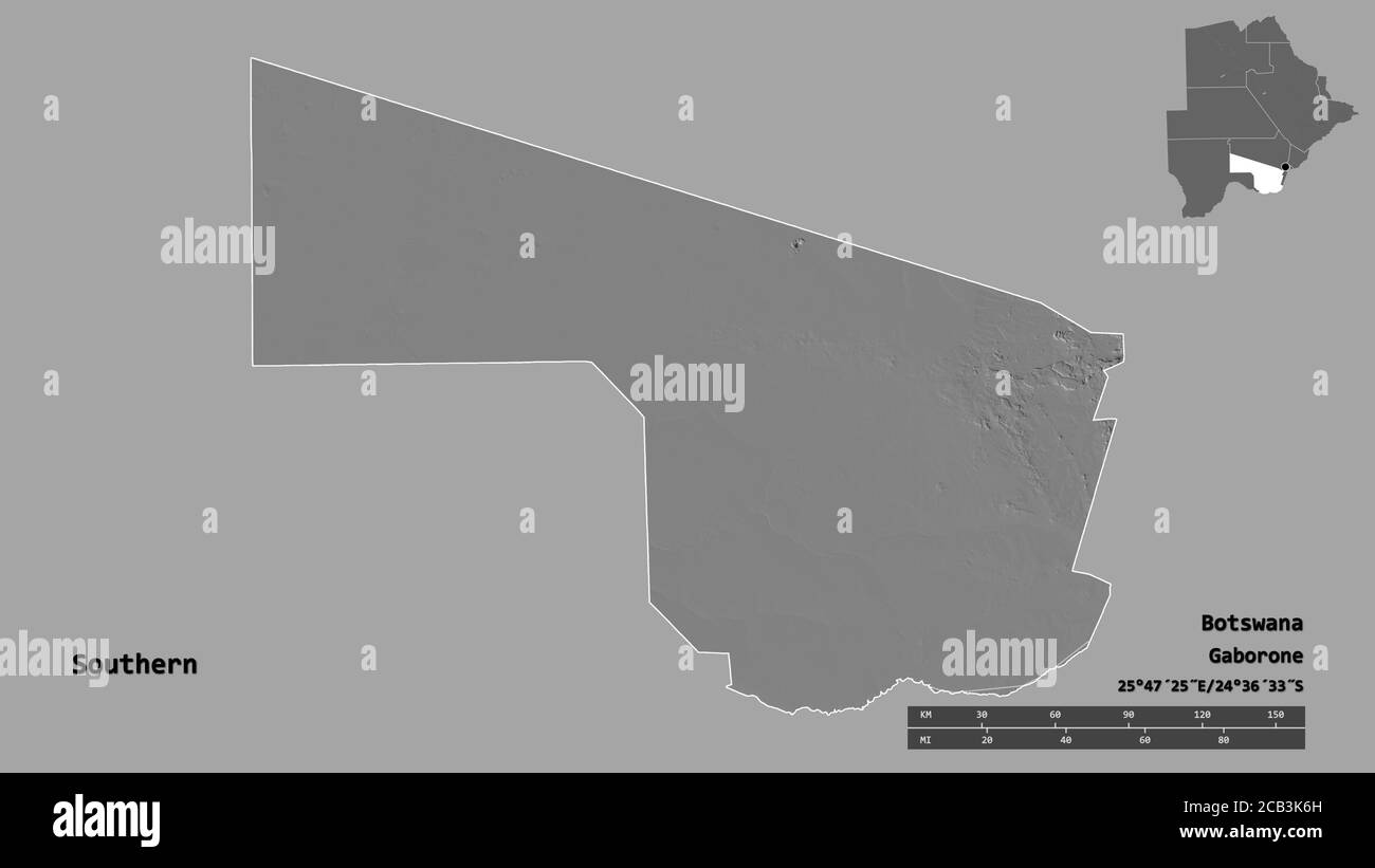 Shape of Southern, district of Botswana, with its capital isolated on ...