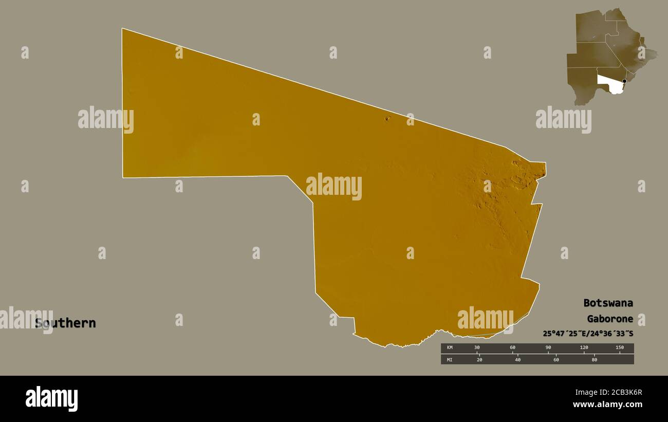 Shape of Southern, district of Botswana, with its capital isolated on ...