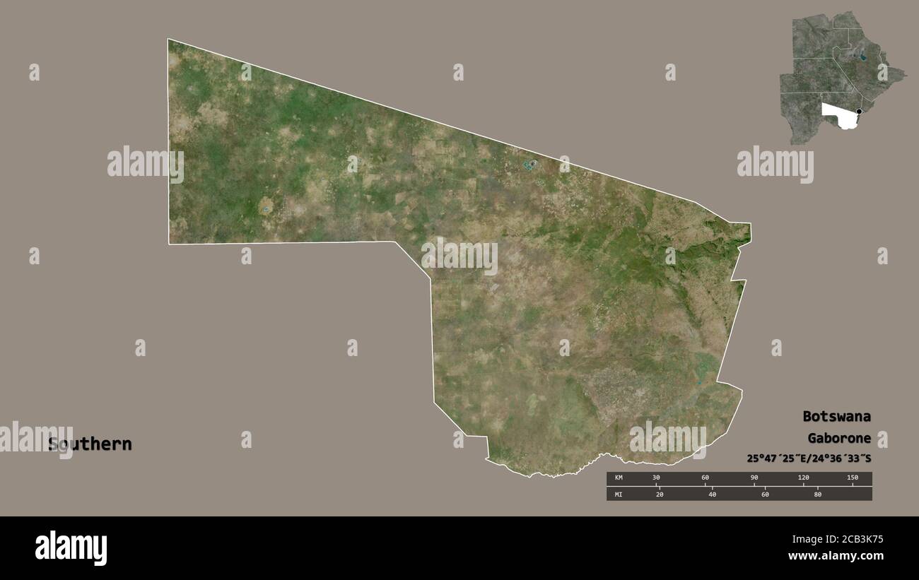 Shape of Southern, district of Botswana, with its capital isolated on ...