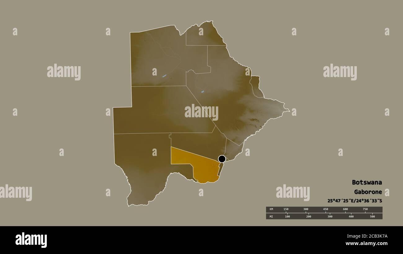 Desaturated shape of Botswana with its capital, main regional division ...