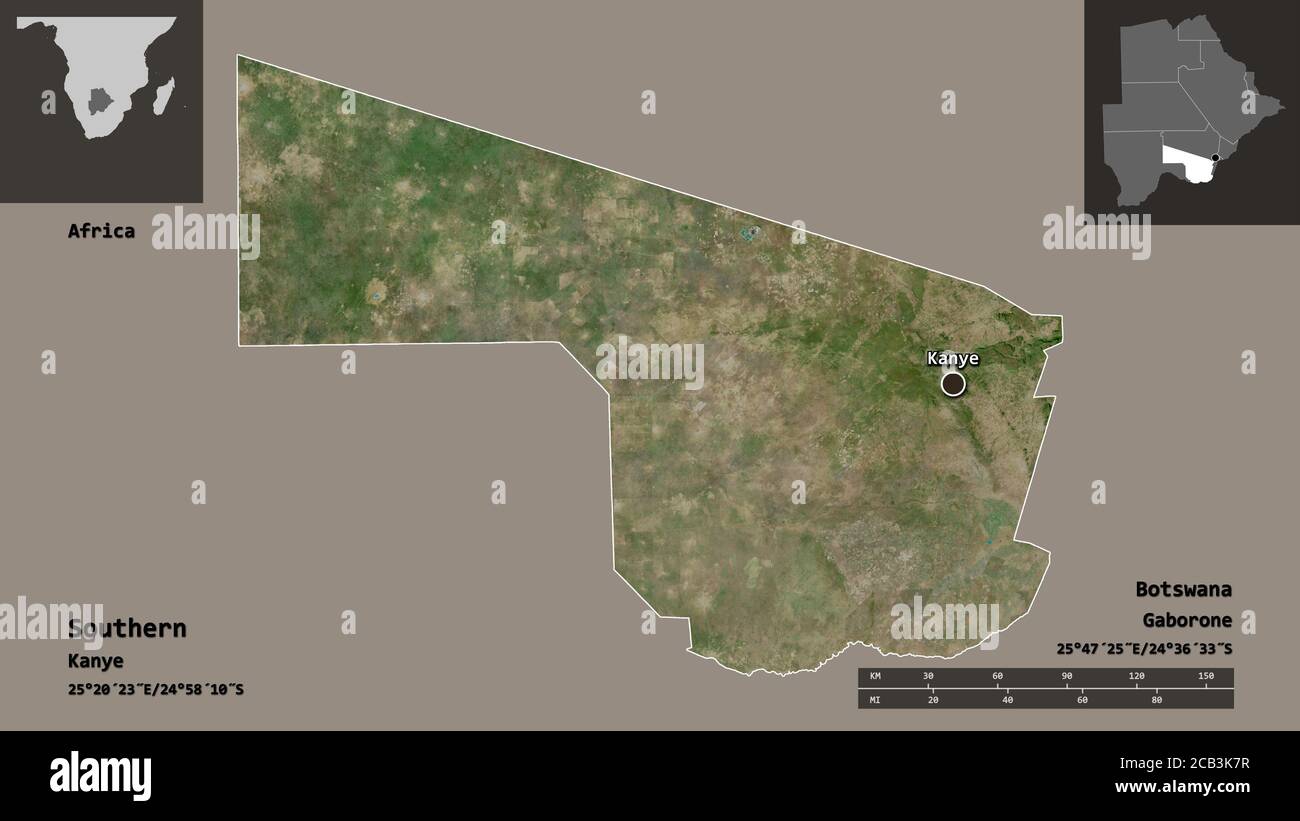 Shape of Southern, district of Botswana, and its capital. Distance ...