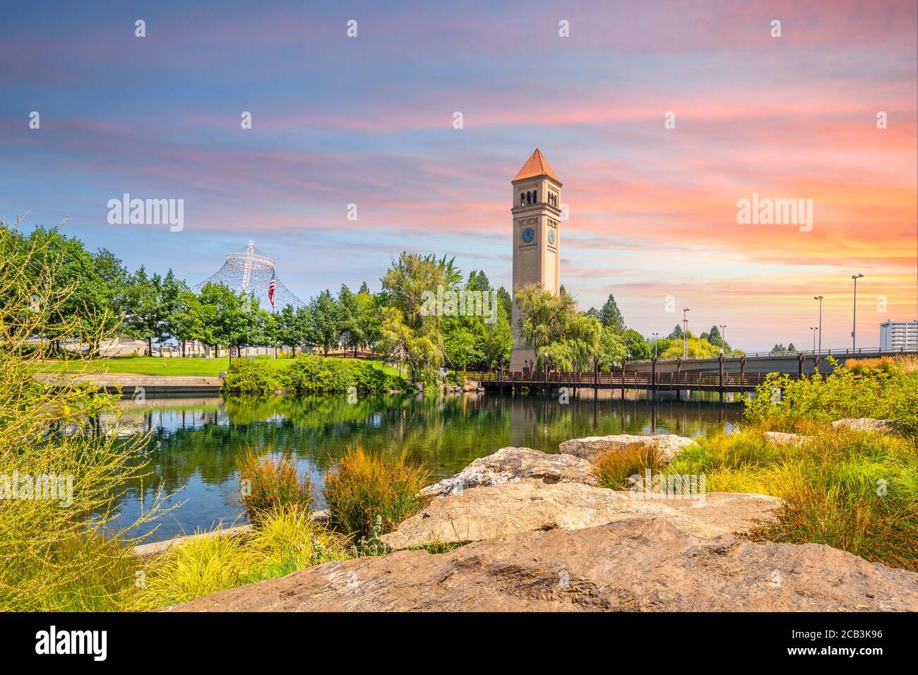 The Spokane Clock Tower and Pavilion along the river in Riverfront Park ...