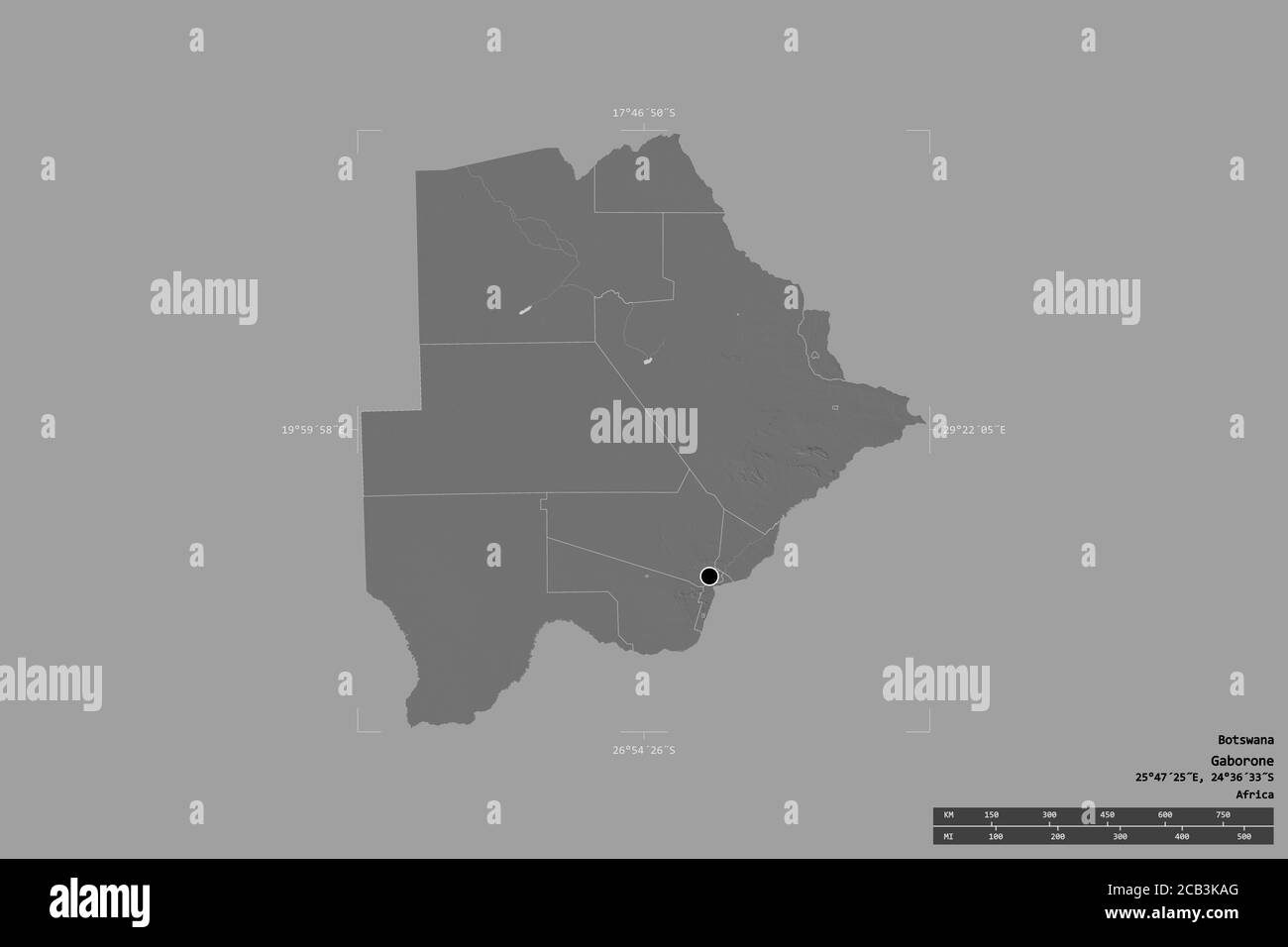 Area of Botswana isolated on a solid background in a georeferenced ...