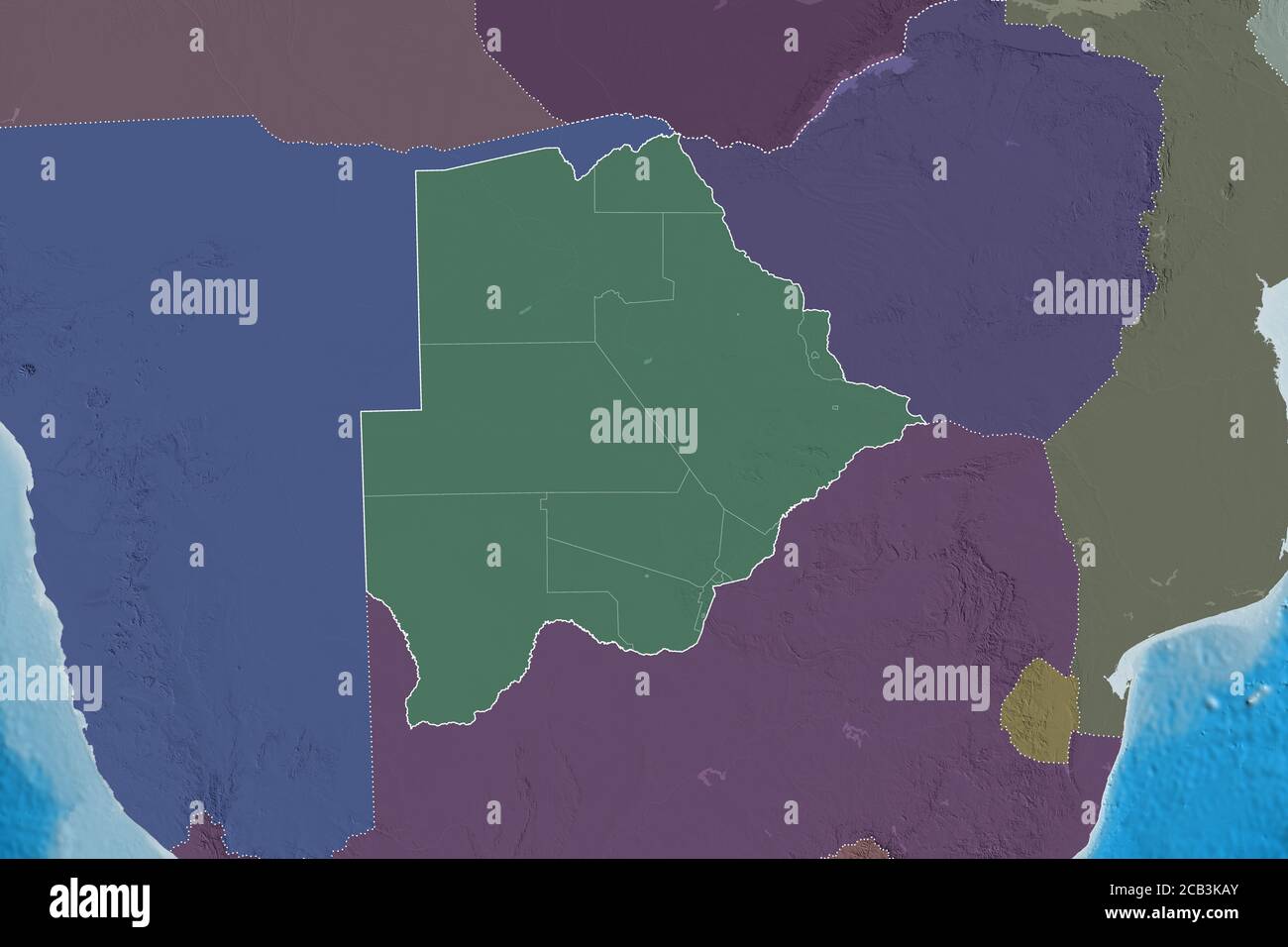 Extended area of Botswana with country outline, international and ...