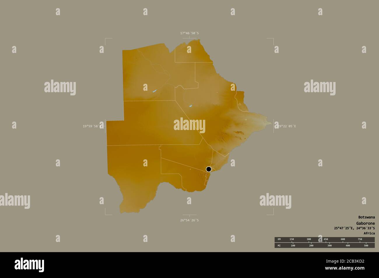 Area of Botswana isolated on a solid background in a georeferenced ...