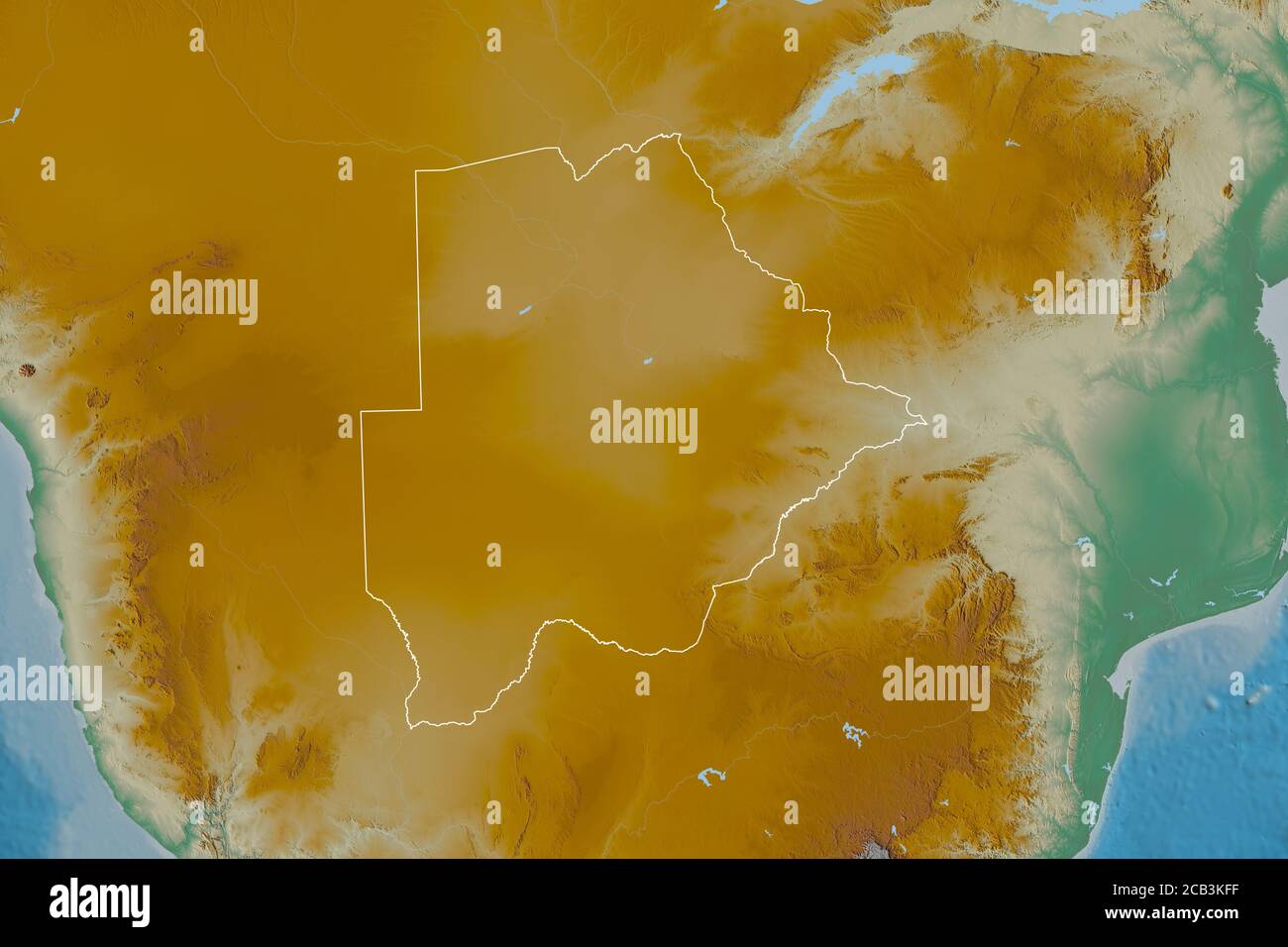 Extended area of outlined Botswana. Topographic relief map. 3D rendering Stock Photo - Alamy