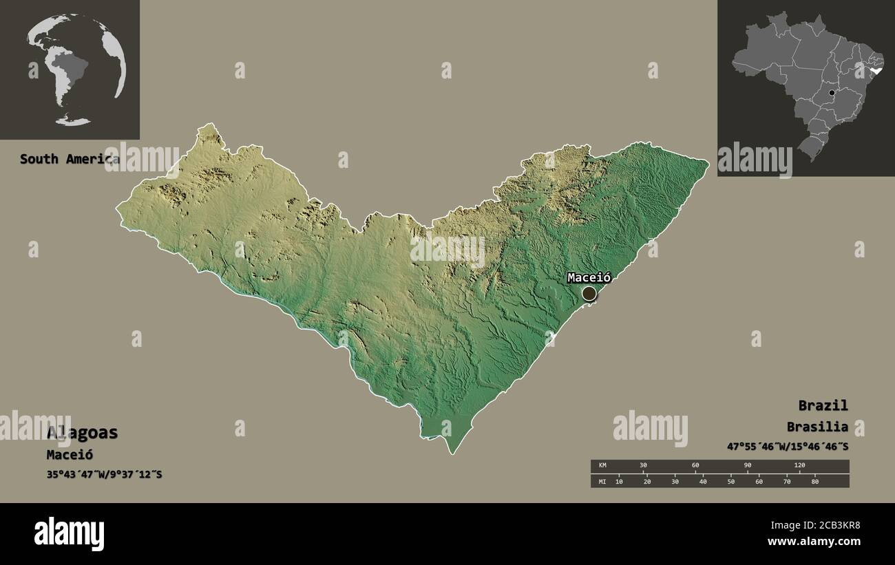 Shape of Alagoas, state of Brazil, and its capital. Distance scale ...