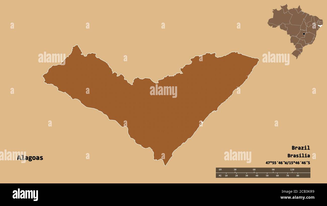 Shape of Alagoas, state of Brazil, with its capital isolated on solid ...