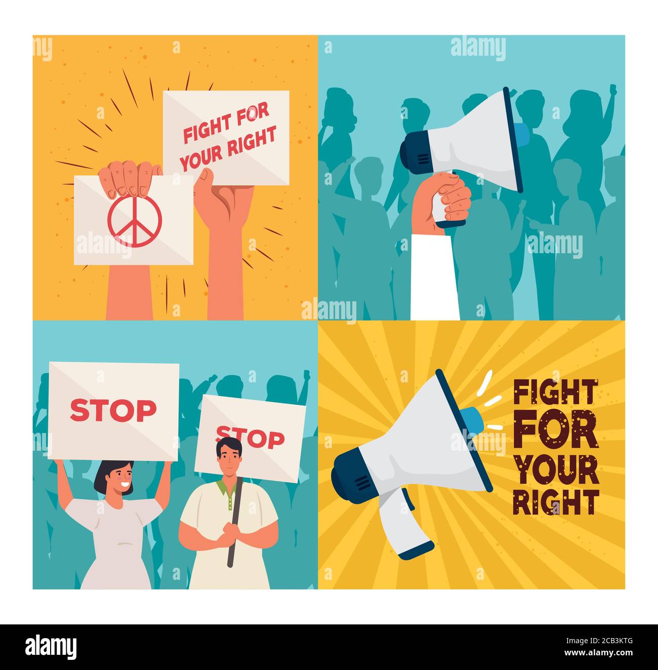 set scenes people on protests with placards, concept human right Stock ...