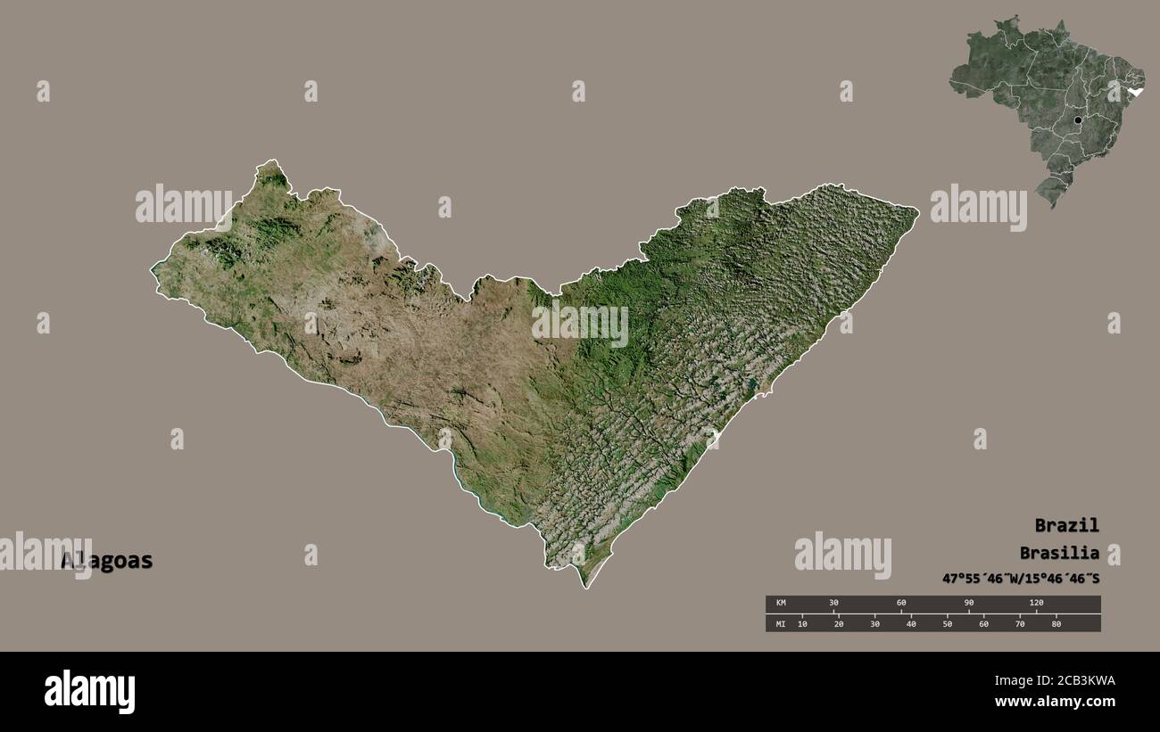 Shape of Alagoas, state of Brazil, with its capital isolated on solid ...