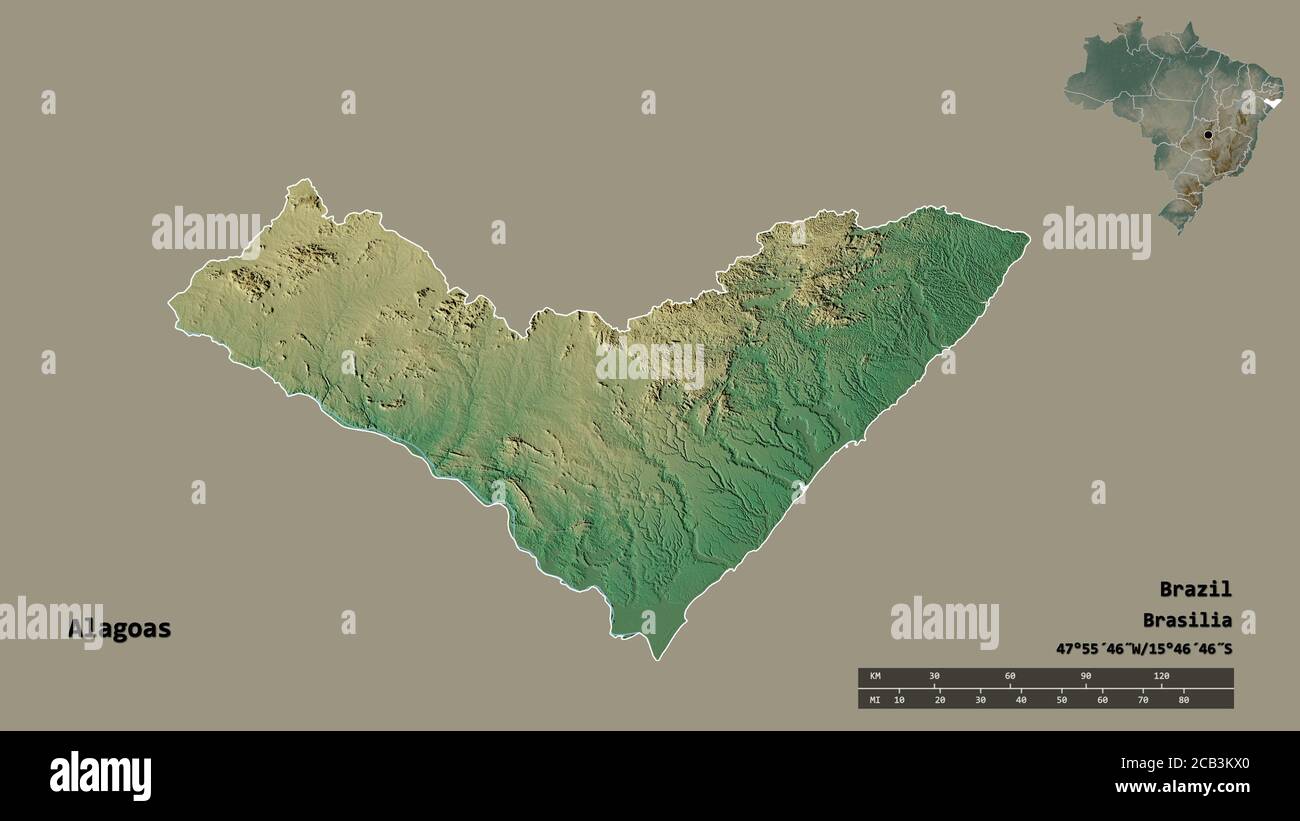 Shape of Alagoas, state of Brazil, with its capital isolated on solid ...