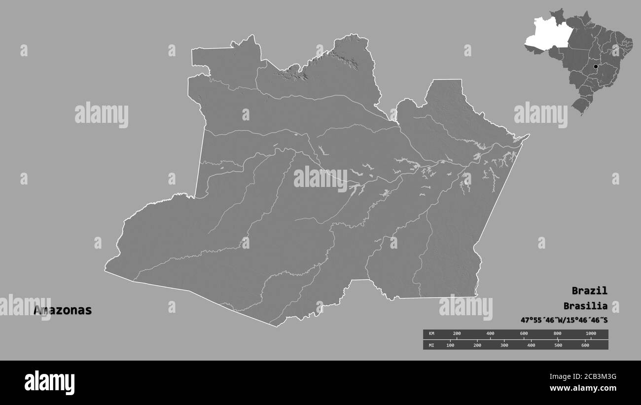 Shape of Amazonas, state of Brazil, with its capital isolated on solid ...