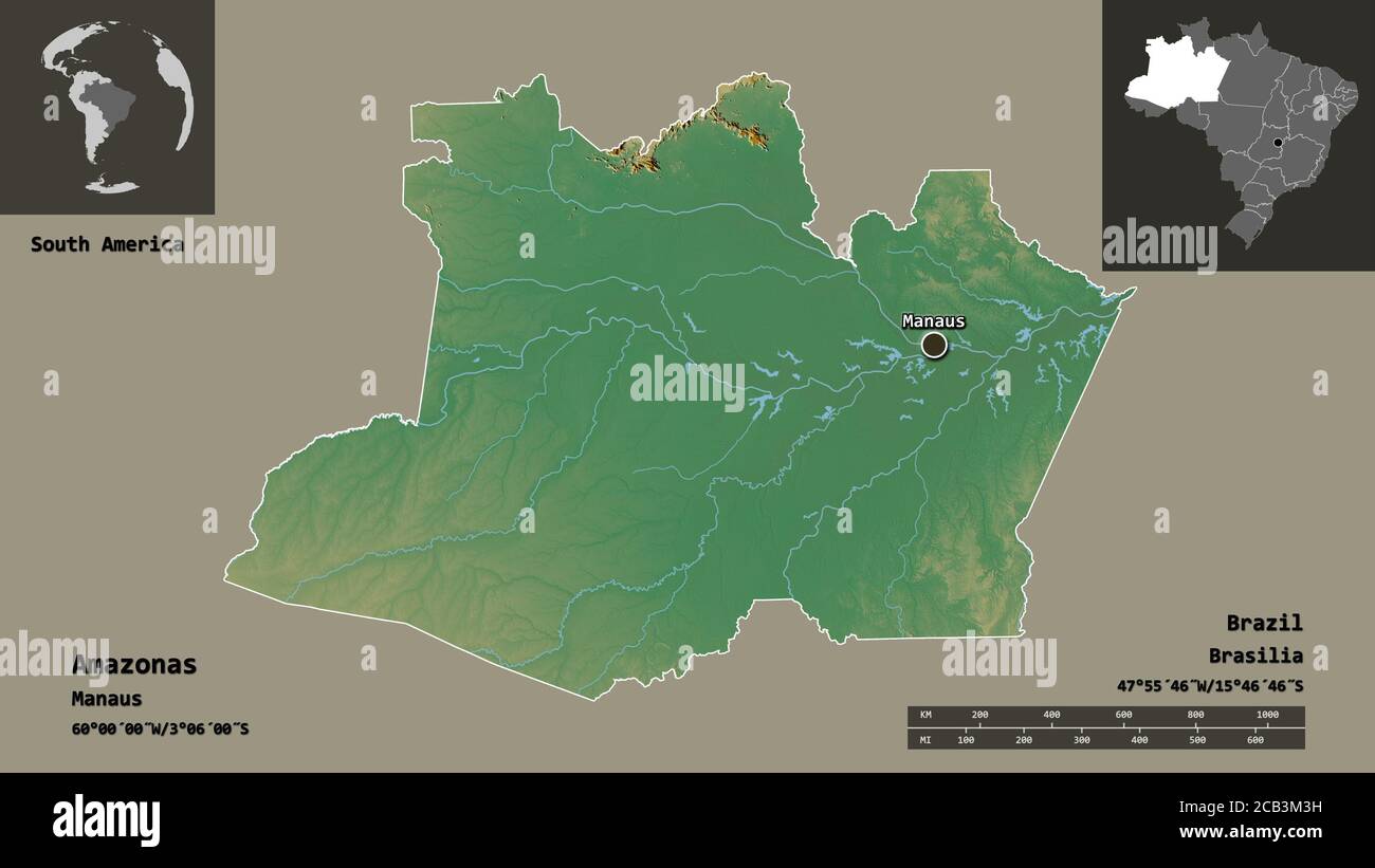 Shape of Amazonas, state of Brazil, and its capital. Distance scale ...
