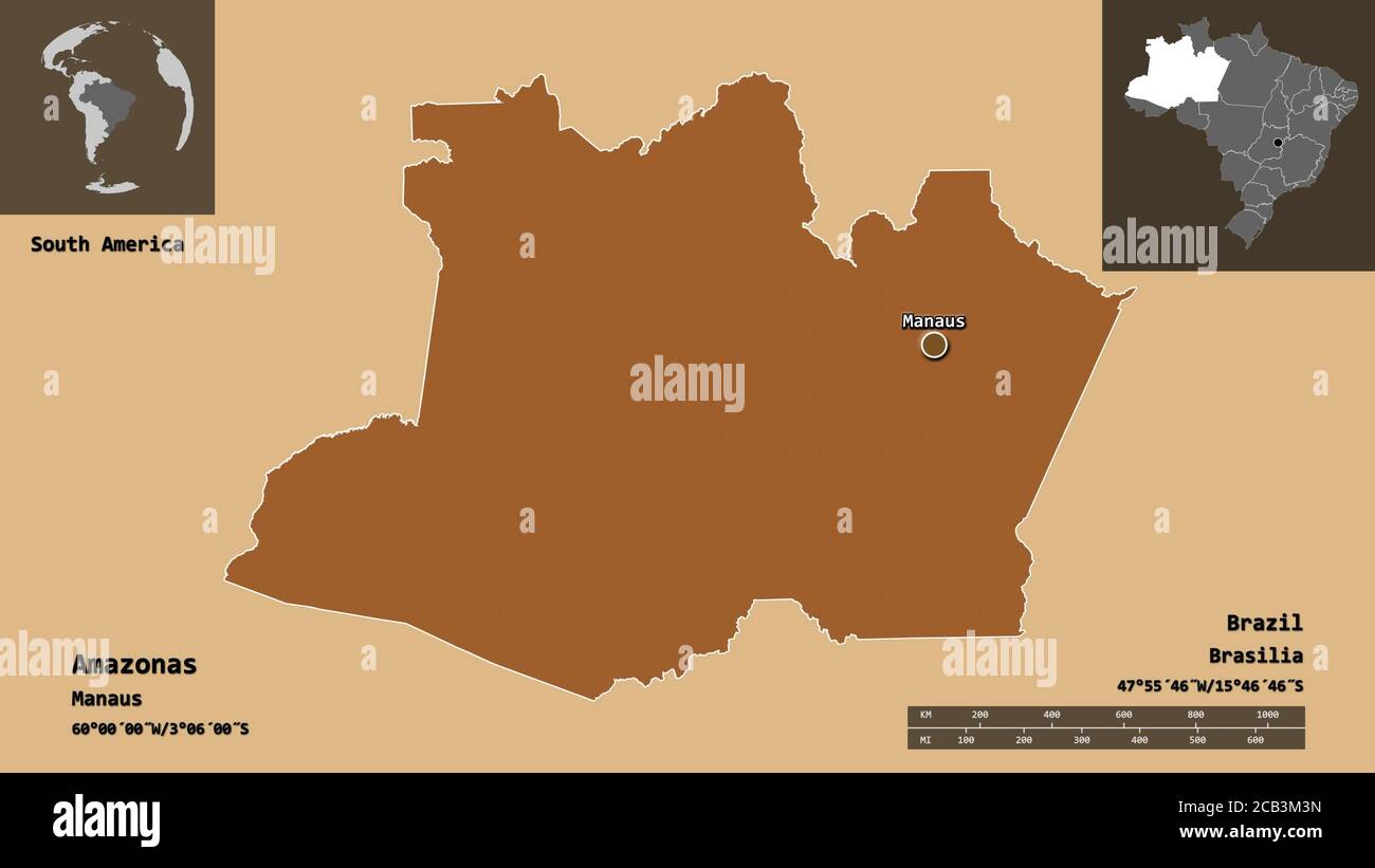 Shape of Amazonas, state of Brazil, and its capital. Distance scale ...