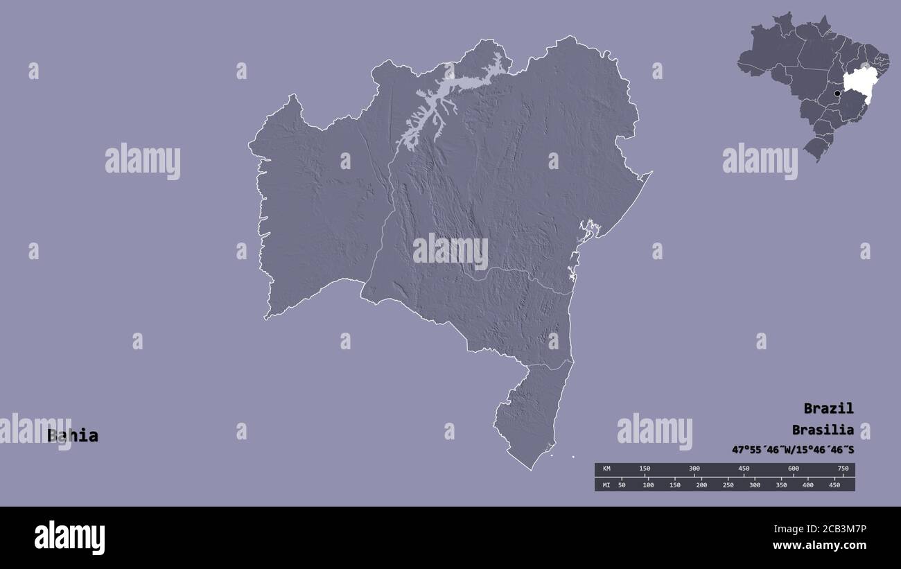 Shape of Bahia, state of Brazil, with its capital isolated on solid ...