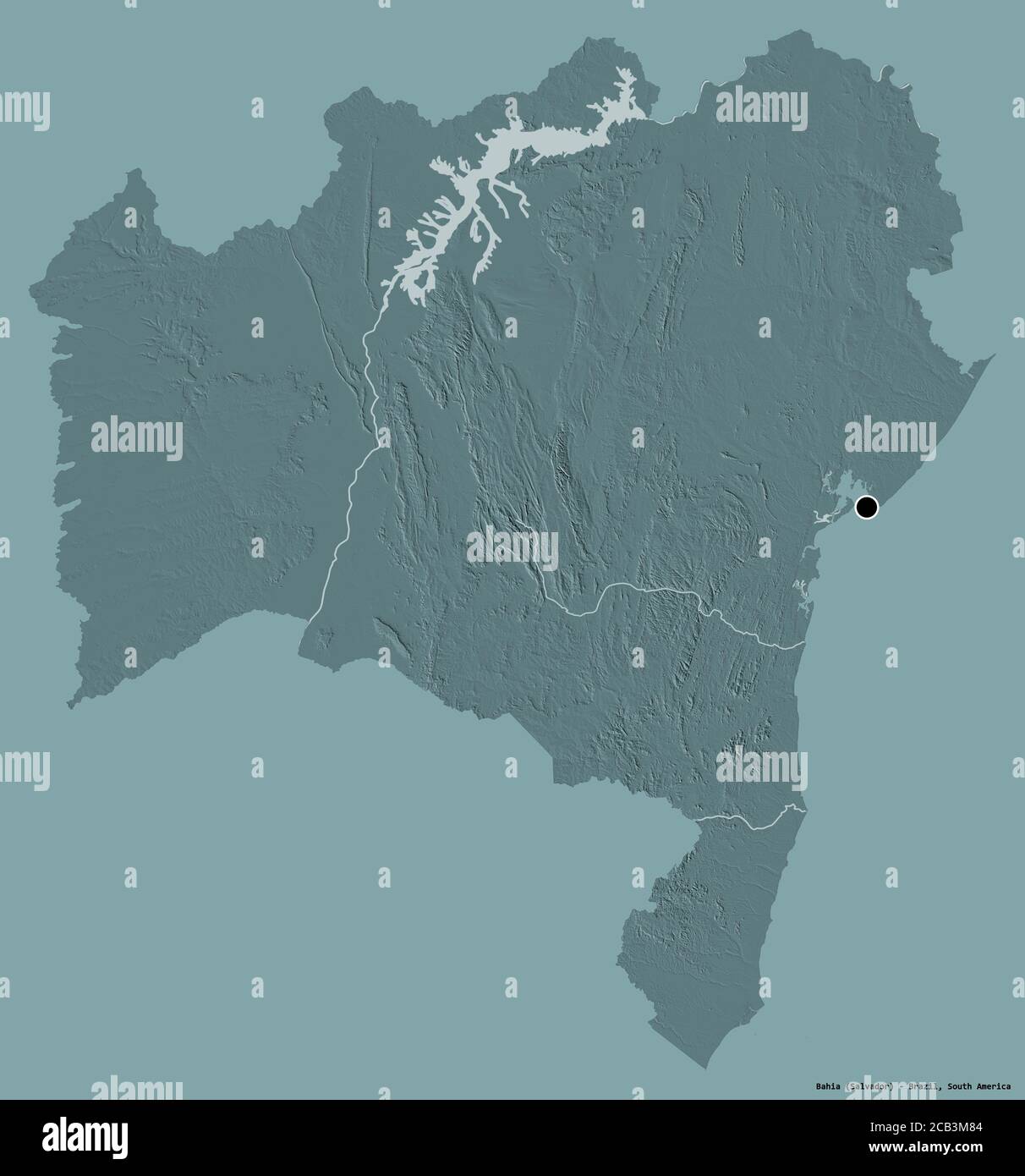 Shape of Bahia, state of Brazil, with its capital isolated on a solid ...