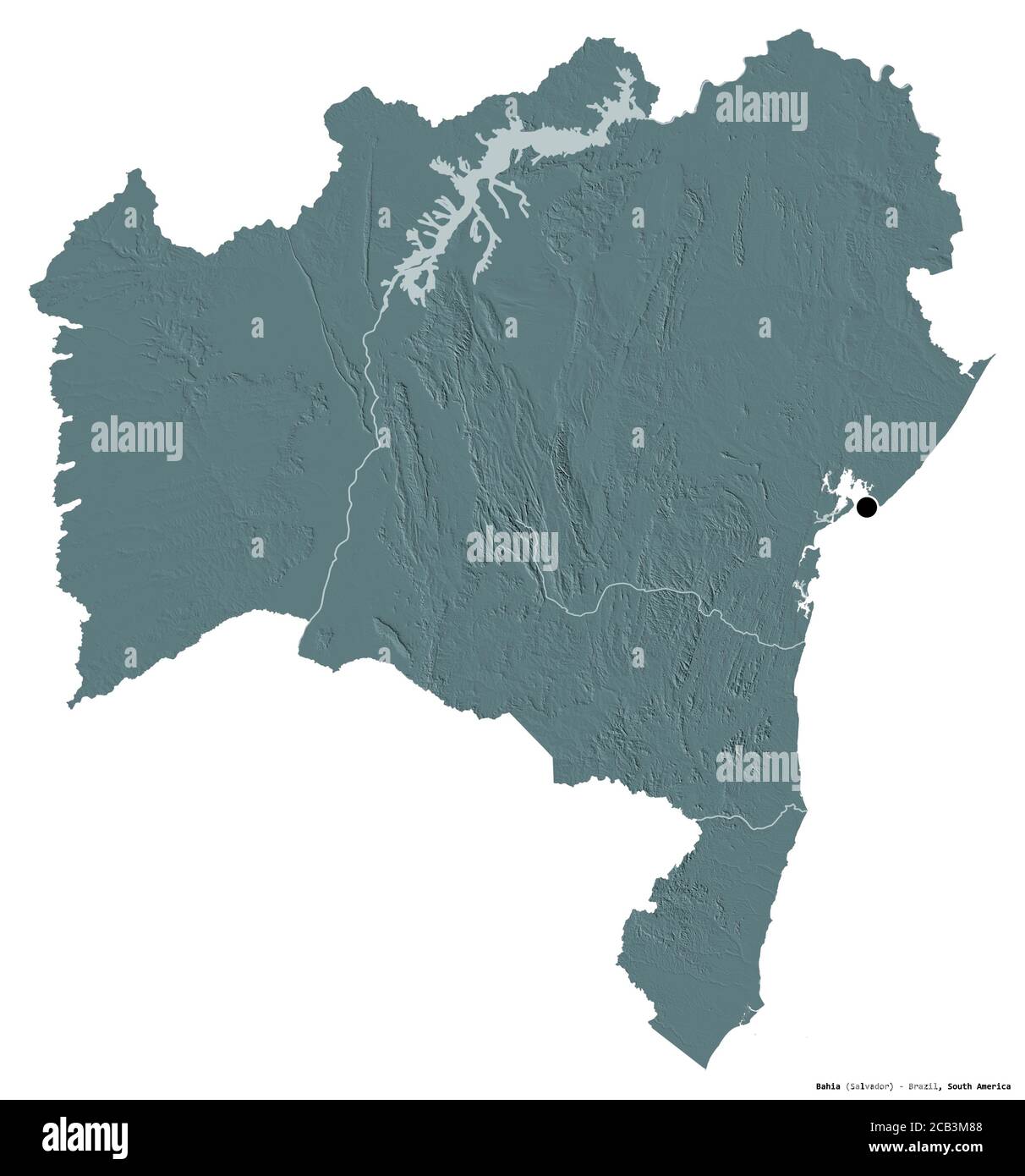 Shape of Bahia, state of Brazil, with its capital isolated on white ...