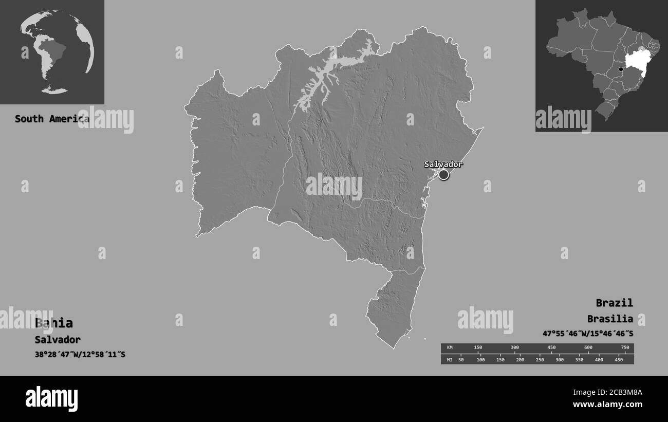 Shape of Bahia, state of Brazil, and its capital. Distance scale ...