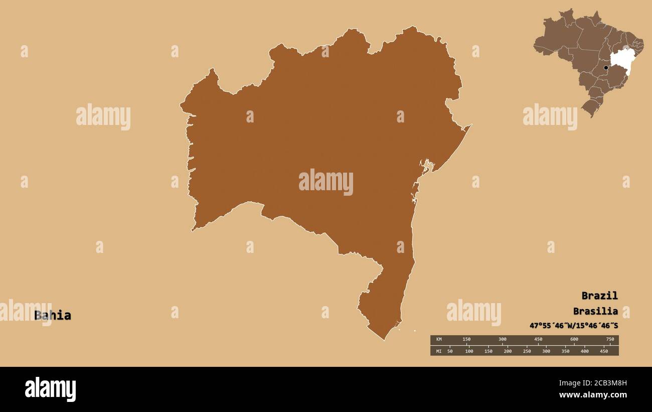 Shape of Bahia, state of Brazil, with its capital isolated on solid ...