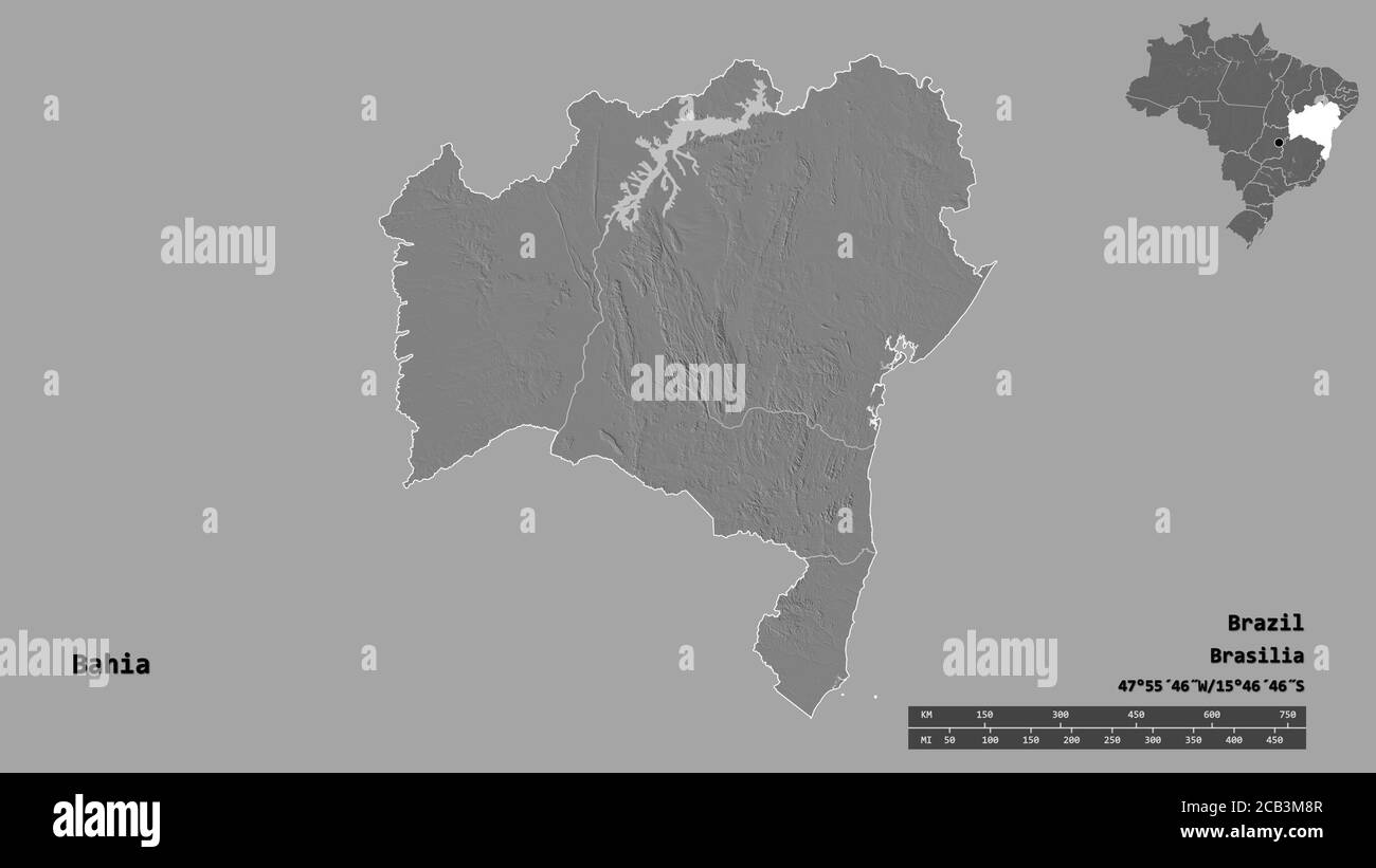 Shape of Bahia, state of Brazil, with its capital isolated on solid ...