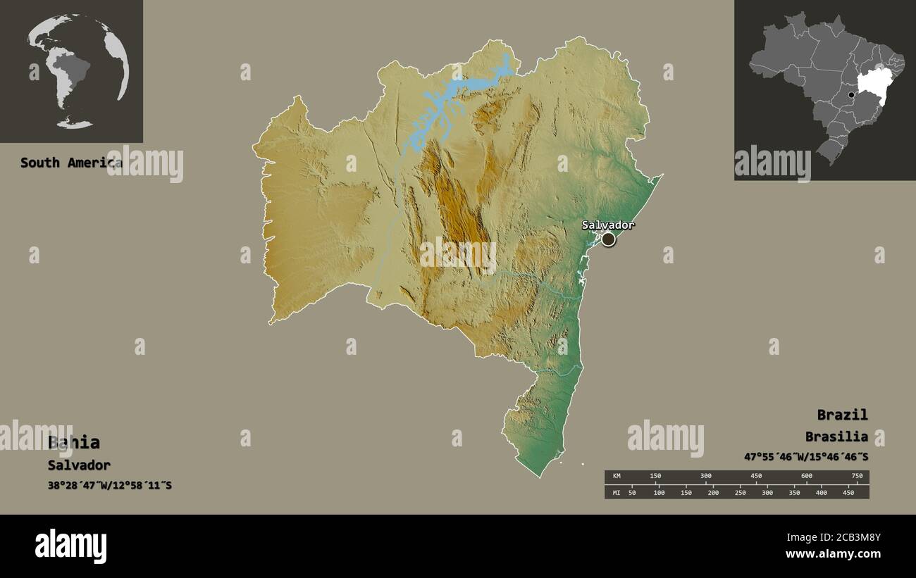 Shape of Bahia, state of Brazil, and its capital. Distance scale ...