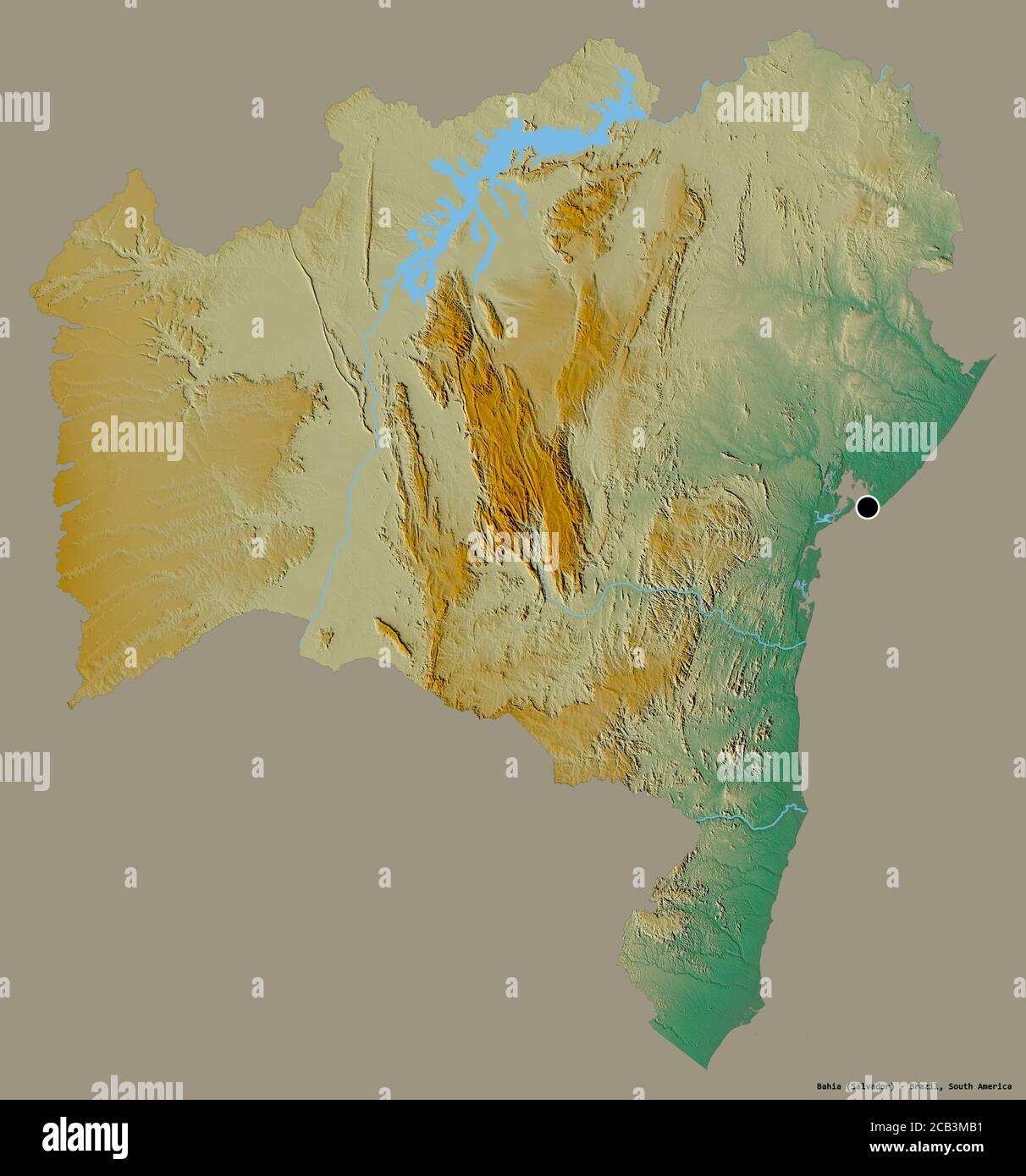 Shape of Bahia, state of Brazil, with its capital isolated on a solid ...