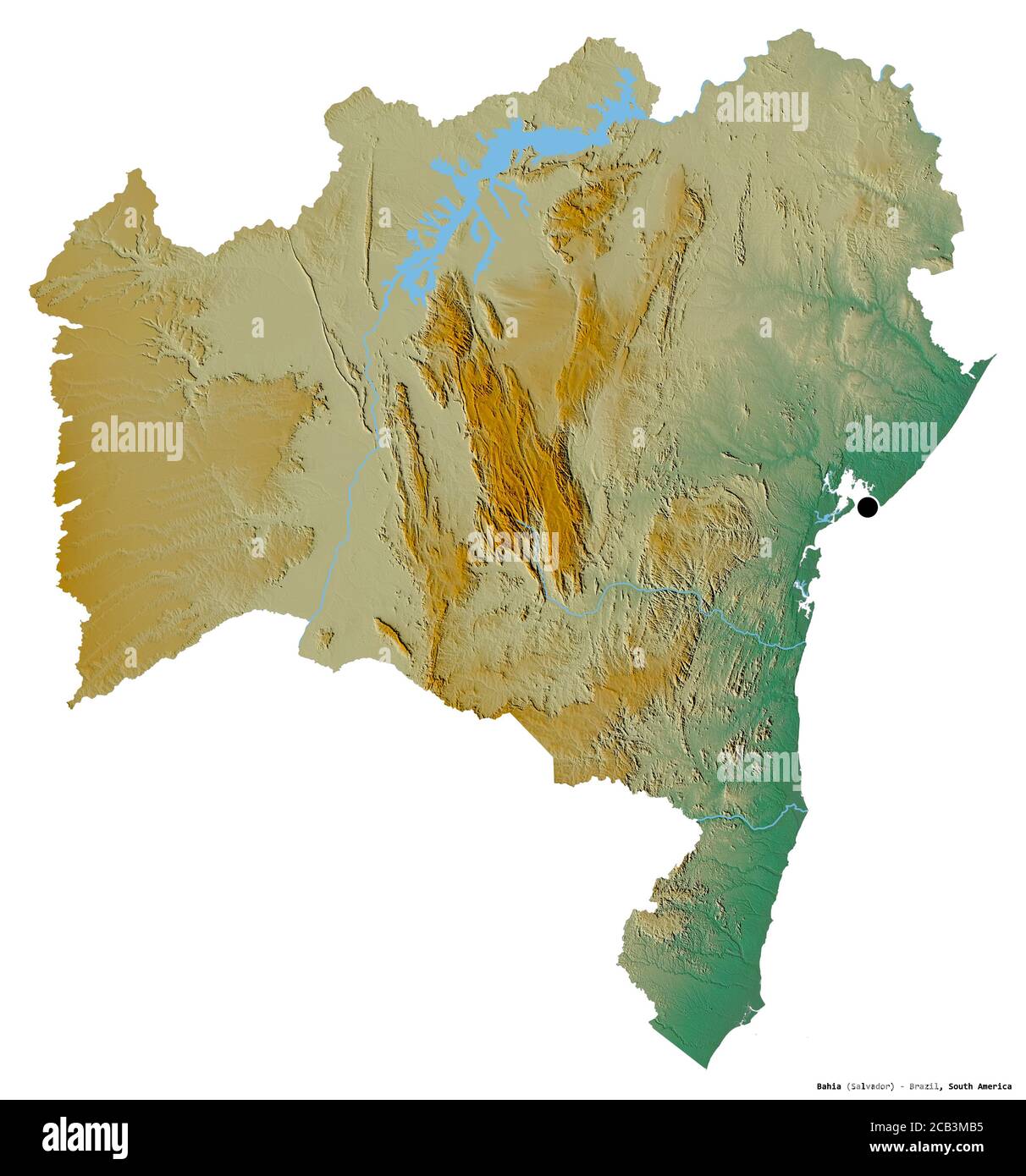 Shape of Bahia, state of Brazil, with its capital isolated on white ...