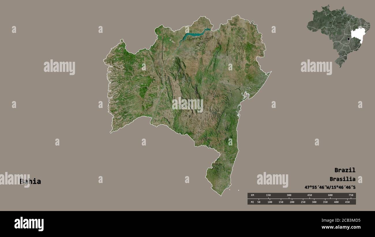 Shape of Bahia, state of Brazil, with its capital isolated on solid ...