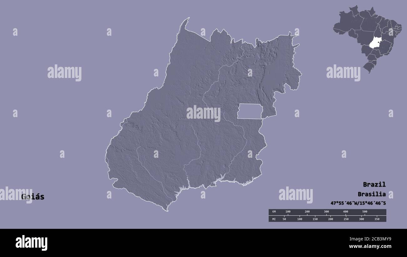 Shape of Goiás, state of Brazil, with its capital isolated on solid ...