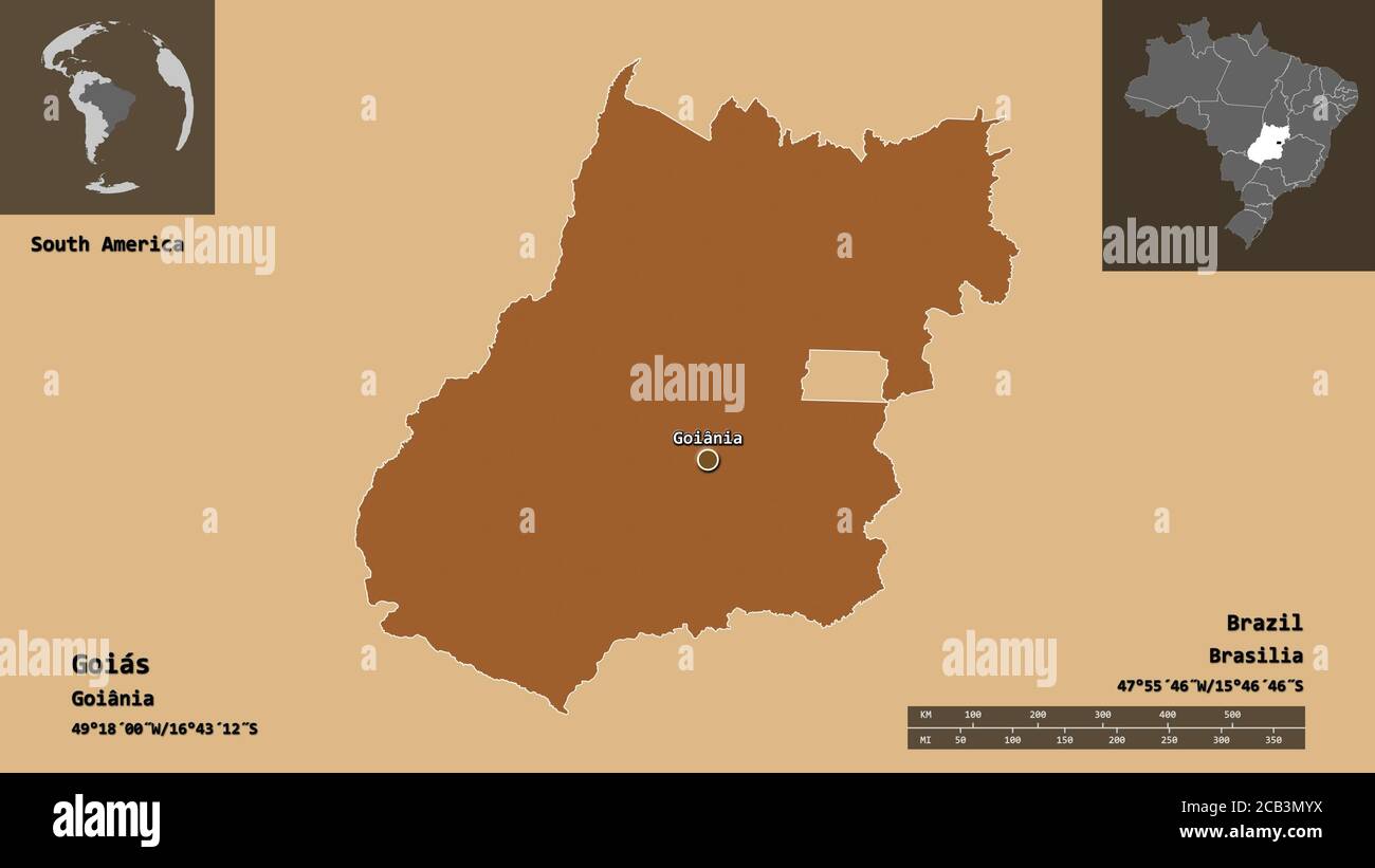 Shape of Goiás, state of Brazil, and its capital. Distance scale ...