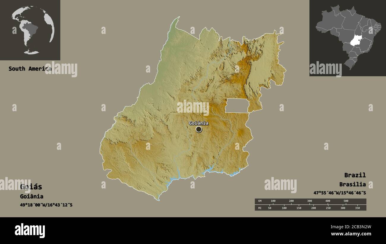 Shape of Goiás, state of Brazil, and its capital. Distance scale ...